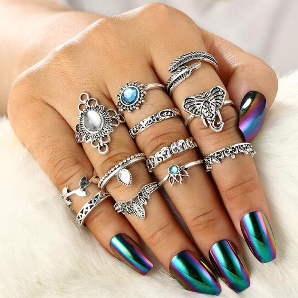 Missgrace Bohemian Vintage Elephant Animal Crystals Stack Rings Set Rhinestones Statement Beach Rings for Women Piece 12Pcs (Style 5)