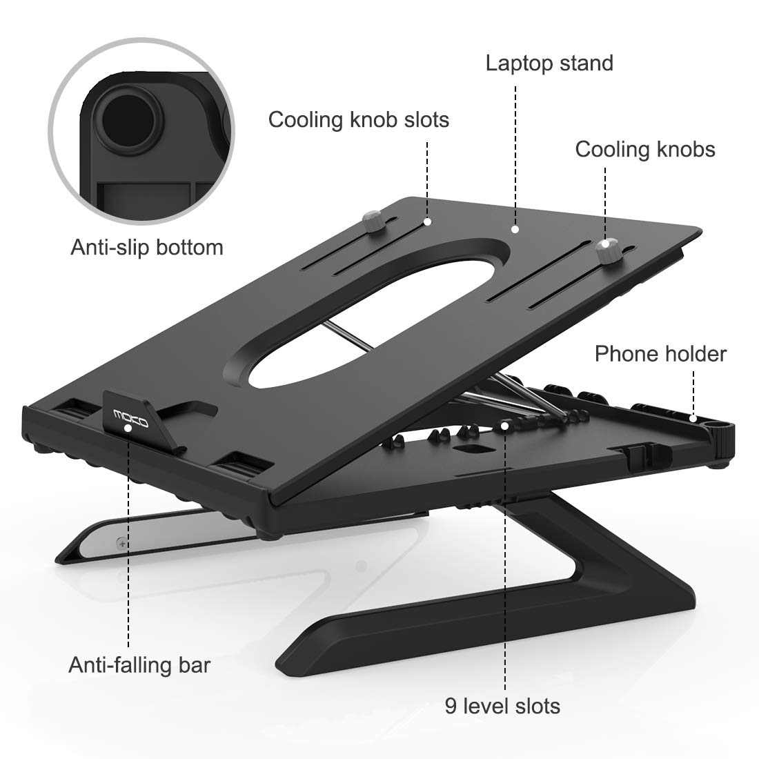 MoKo Laptop Stand, Multi-Angle Adjustable Laptop Holder for Desk Foldable Computer PC Riser Anti-Slip Mount for 2021 MacBook Pro 14", MacBook Pro Air, Surface Laptop, Notebook (10-15 Inch), Black