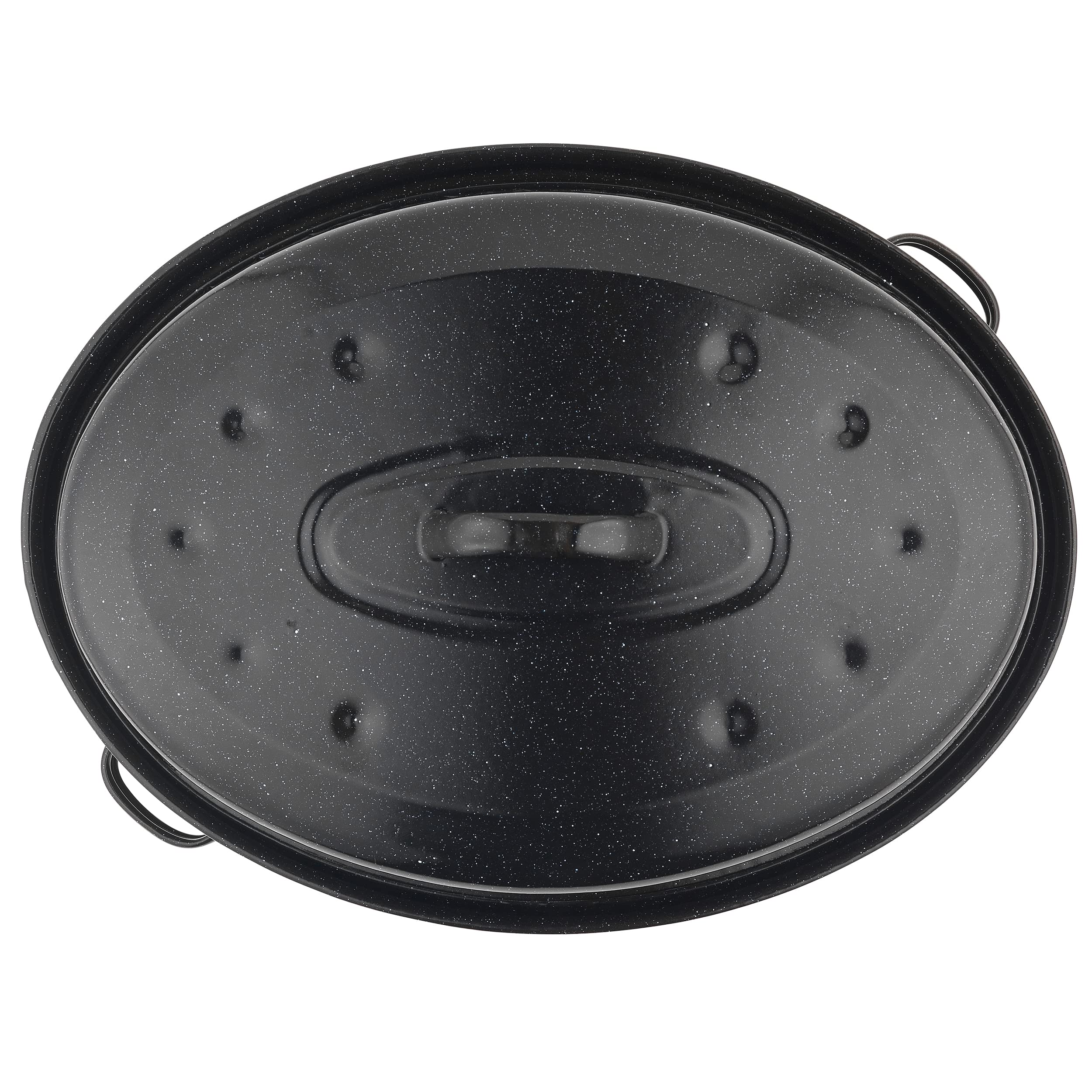 Russell Hobbs BW07215AMZ Romano Self-Basting Casserole Roasting Dish with Lid, Easy Clean Vitreous Enamel Steel Coating, 38 cm, Oven Roaster Tin, Dishwasher Safe, Black