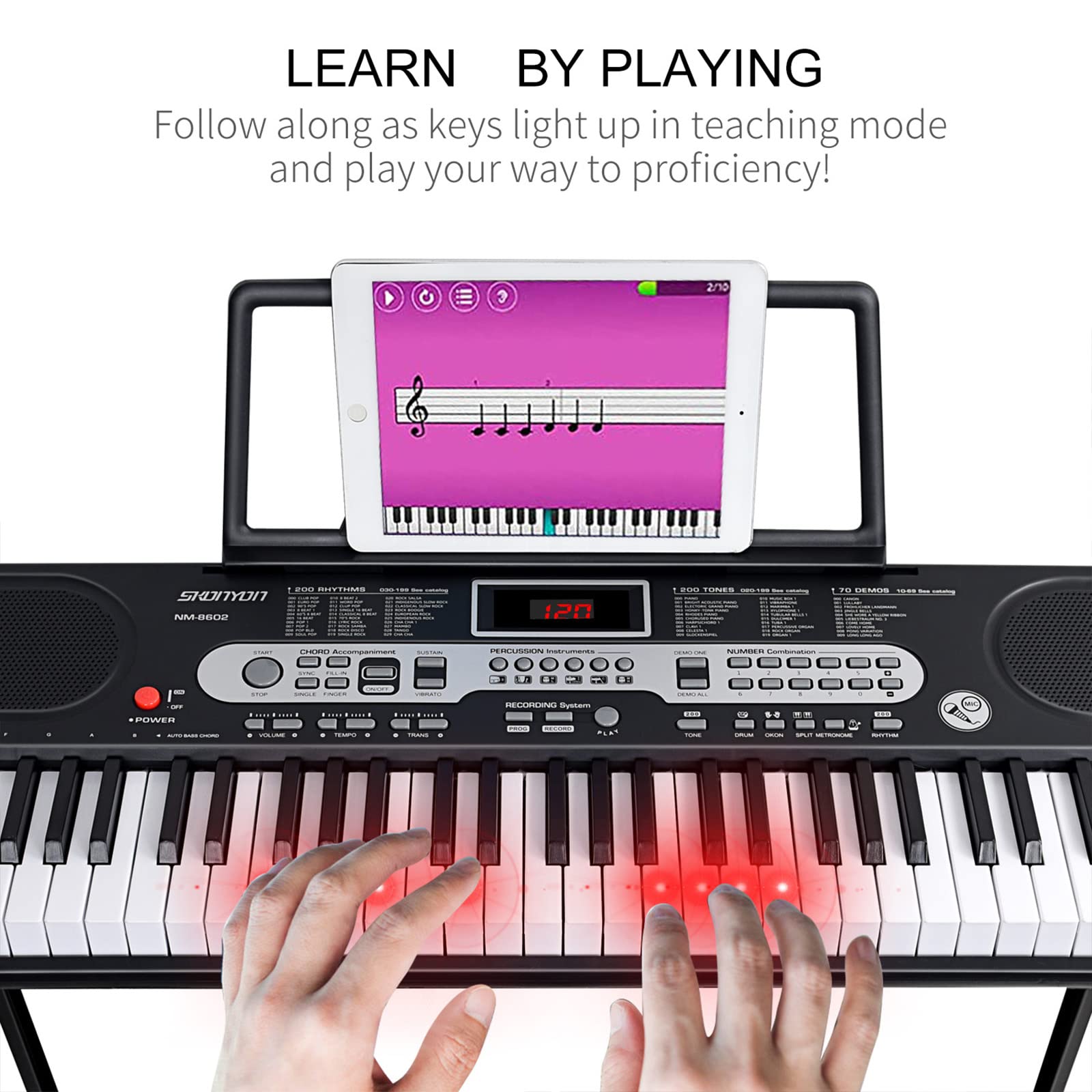 SKONYON 61 Key Keyboard Piano with Light Up Keys Electric Piano Keyboard for Beginners with Speakers Musical Keyboard Stand, Bench, Headphones, and Microphone