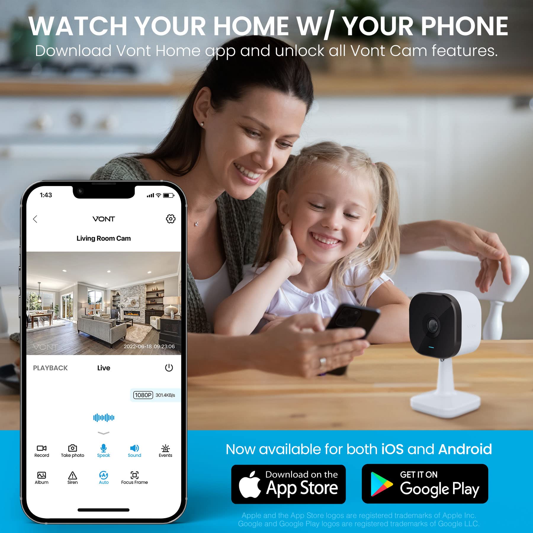 Vont Smart Security Camera, Compact Wired Outdoor Indoor Camera, 1080p HD Video, Night Vision, Two-Way Audio, Cameras for Home Security with WiFi, Surveillance Camera, Works w/Alexa, IFTTT & Google