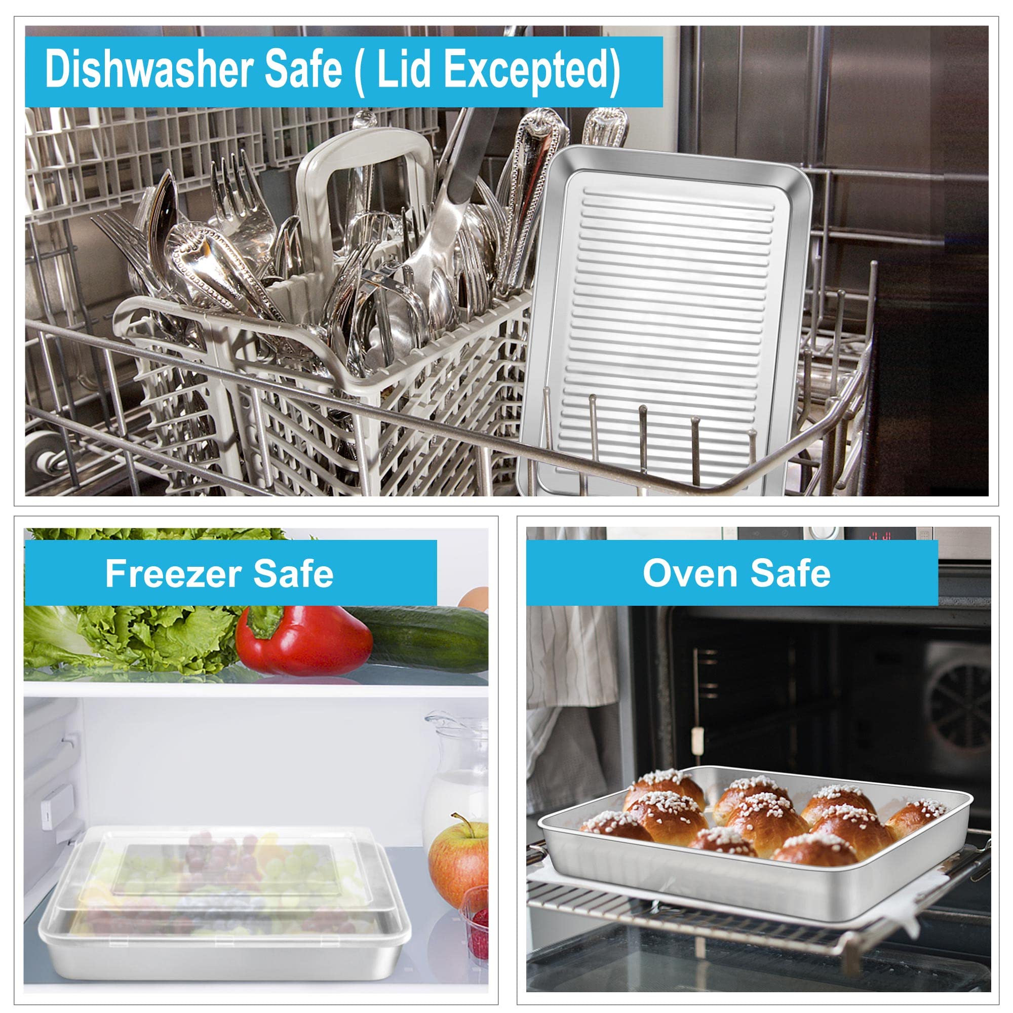 TeamFar Lasagna Pan, 12.4 Inch Stainless Steel Rectangular Textured Baking Pan with Lid, Corrugated Bottom & Deep Side, Non-Toxic & Heavy Duty, Dishwasher Safe - (2 Pans + 2 Lids)