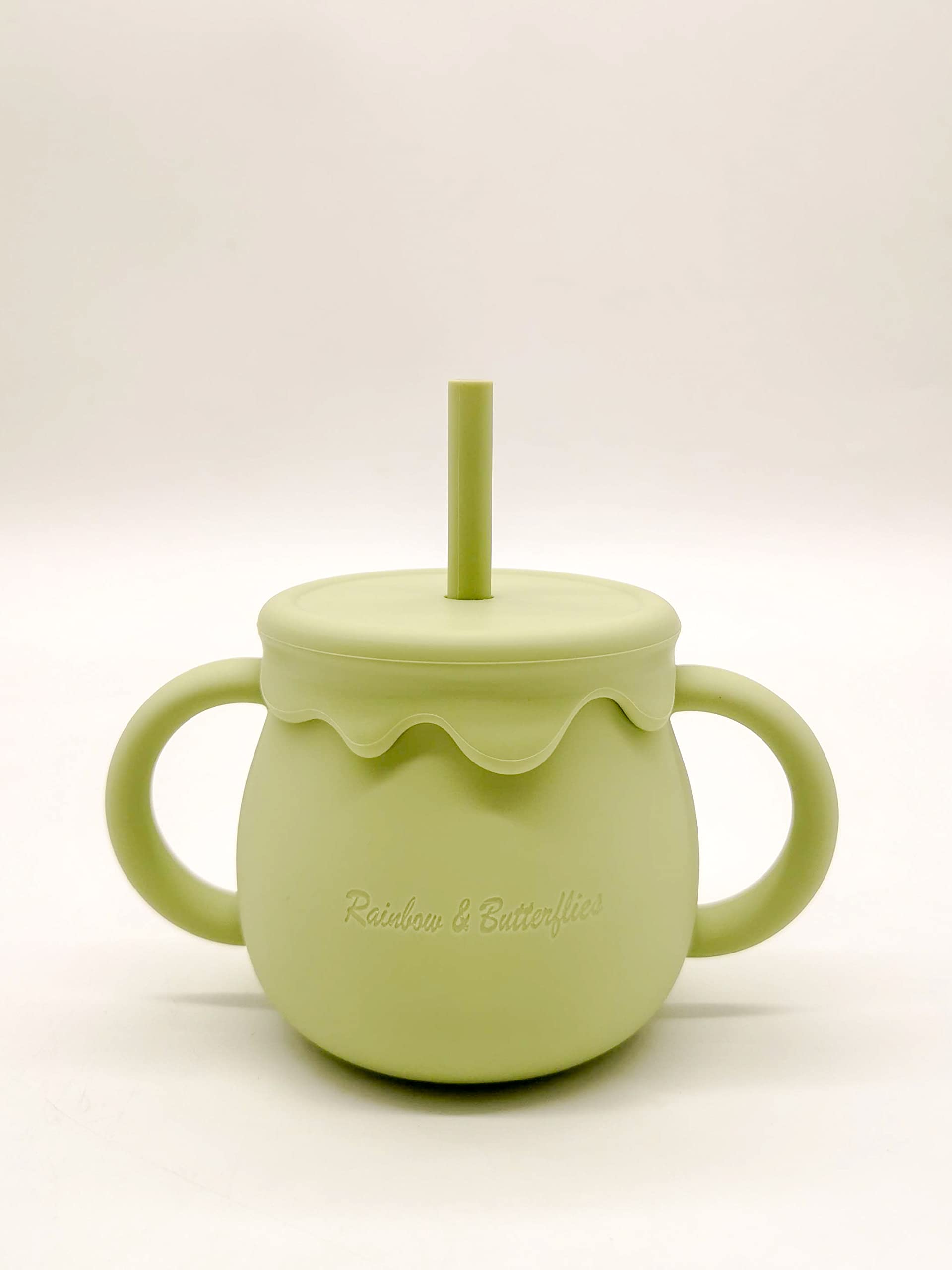 Rainbow & Butterflies |8 Piece| DINO Silicone Baby Feeding Set β |Bib, Suction Bowl, Suction Plate, Sippy Cup, 2-in-1 Straw & Snack Cup Lid, Straw & Spoon| β Food Grade Silicone, BPA Free (Olive)