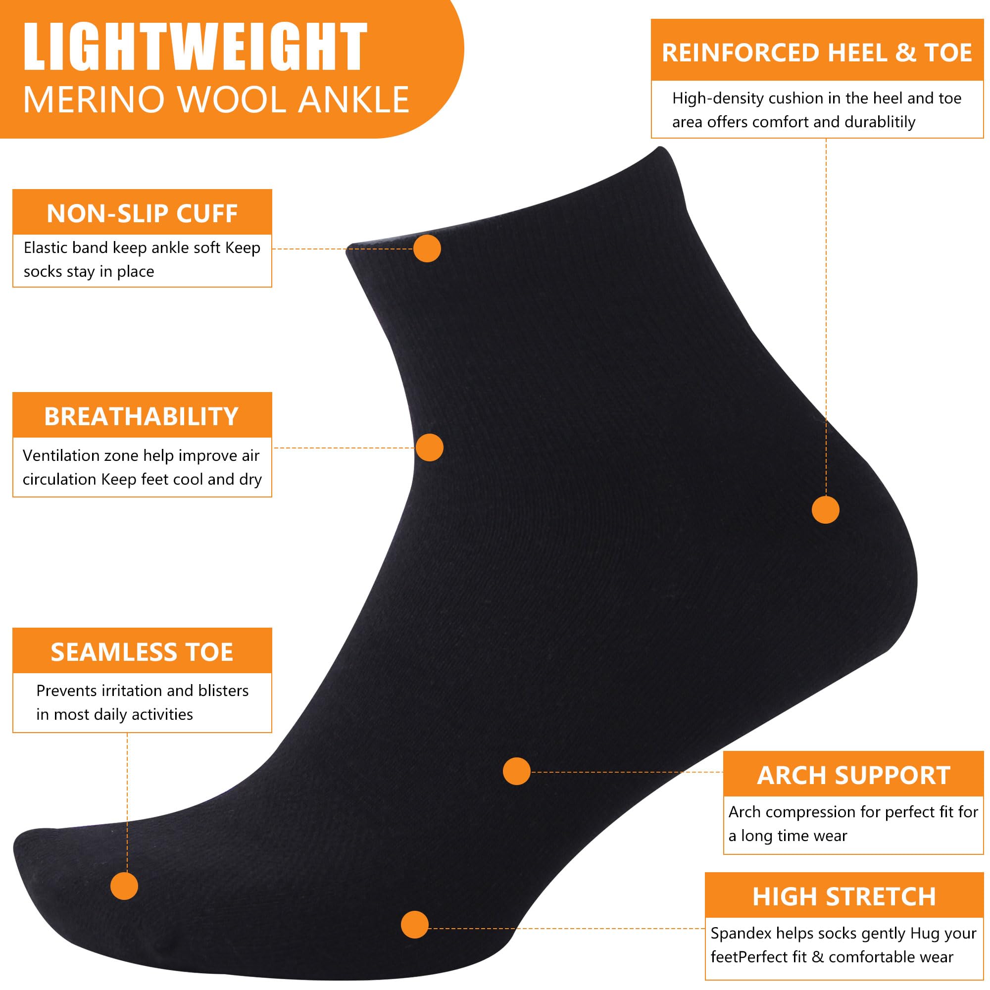 RZTT 90% Merino Wool Socks for Men, Ankle Low Cut socks Lightweight Breathable Athletic Socks Women with Arch Support,3 Pairs,Large,Black