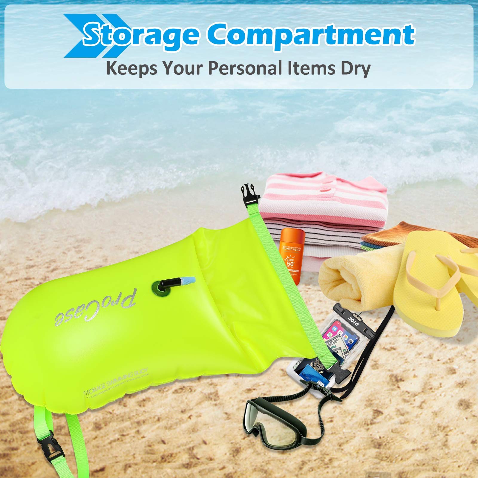 ProCase Swim Buoy Float Dry Bag, Highly Visible Signal Swimming Bubble with Adjustable Waist Belt for Open Water Swimming, Safe Swim Training, Triathletes, Kayaking, Snorkeling -Neonyellow