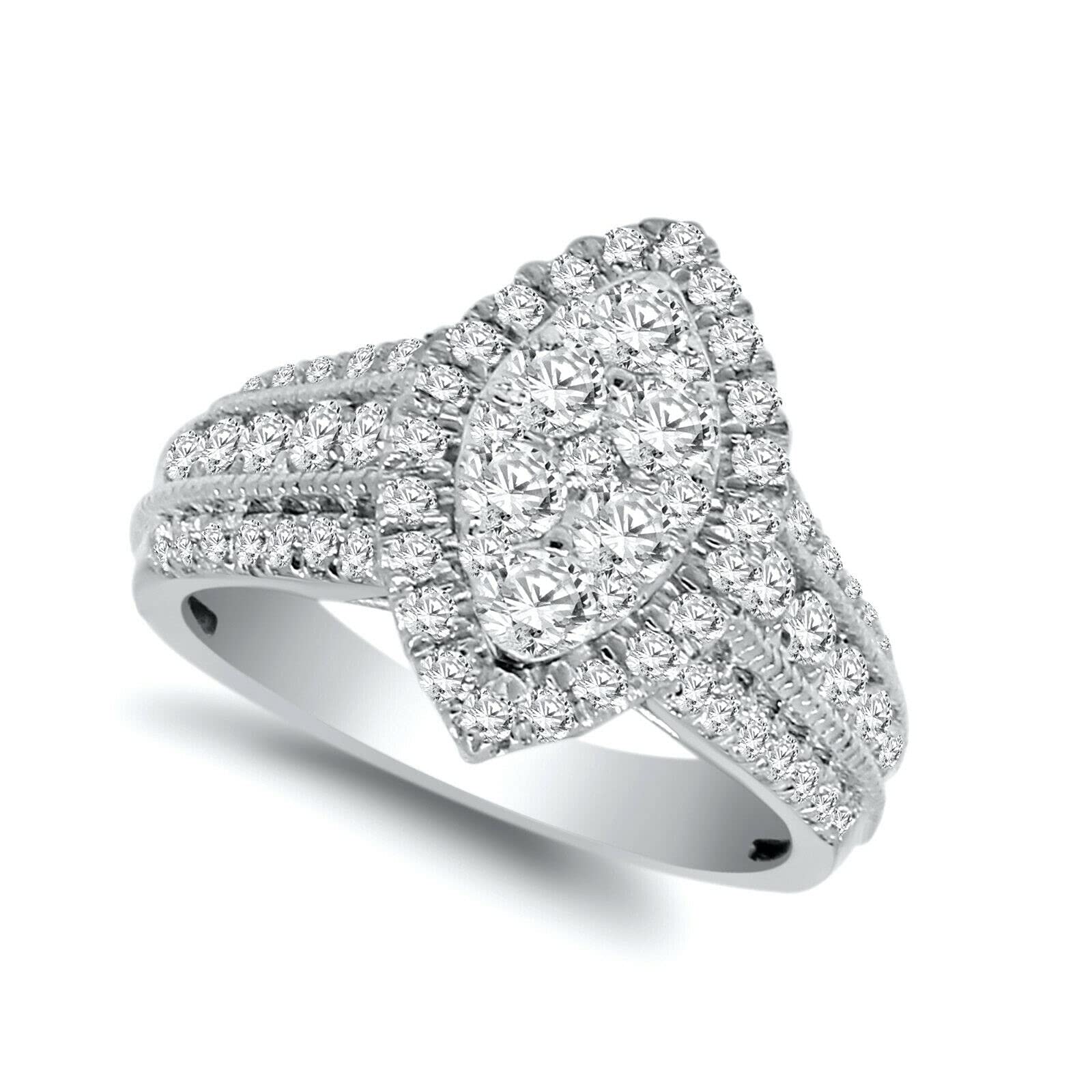 Palaksh Round Cut White Diamond 925 Sterling Silver 14K White Gold Finish Diamond Cluster Marquise Shaped Engagement Ring for Women's