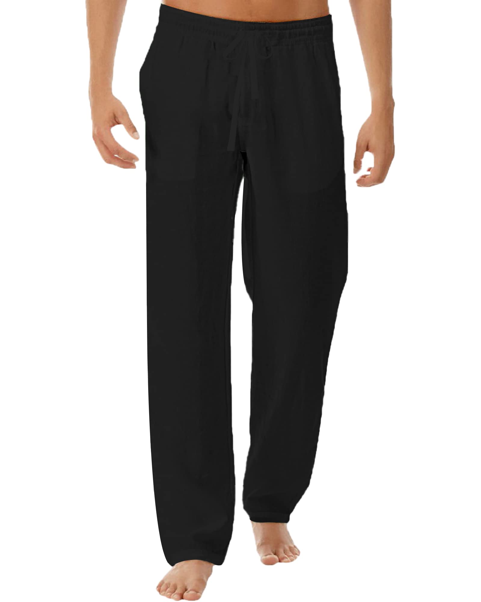 LVCBL Mens Black Linen Pants Elastic Waist Drawstring Trousers Casual Beach Pants Linen Yoga Pants,Black,M