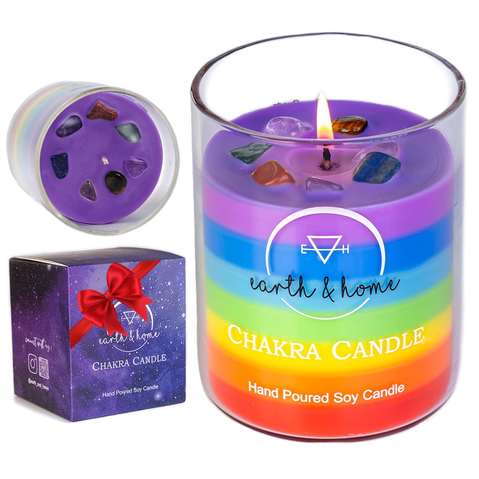 Rainbow Candle- Chakra Candles with crystals inside- Healing Crystal Candle- Manifestation Candle with Healing Stones - Meditation Candle for Chakra Balancing, Positive Energy and Aromatherapy