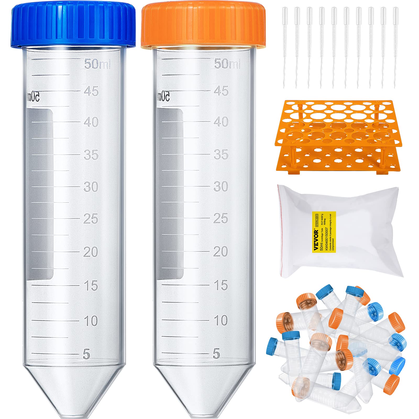 VEVOR Conical Centrifuge Tubes, 50mL, 500Pcs PP EO Sterilized Graduated Container w/Leak-Proof Screw Cap, Write Mark & Test Tube Rack, DN/RNase Free, for Sample Storage & Separate, Blue & Orange