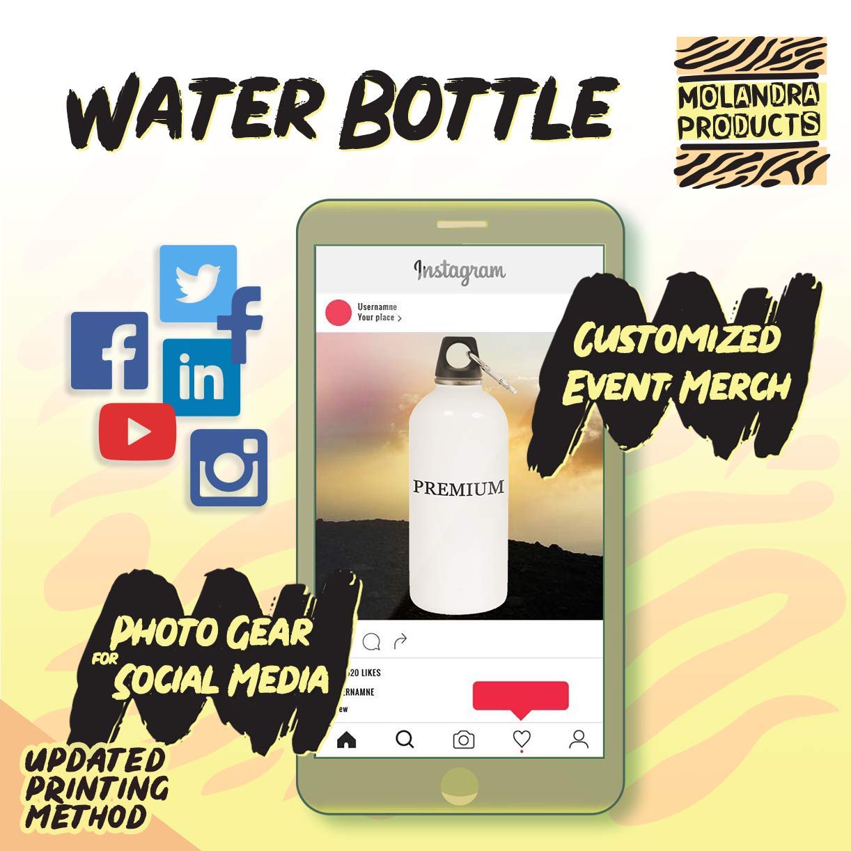 Molandra Products US-C-07-20-02-053100-04-30-19-20 - 20oz Hashtag Stainless Steel White Water Bottle with Carabiner, White