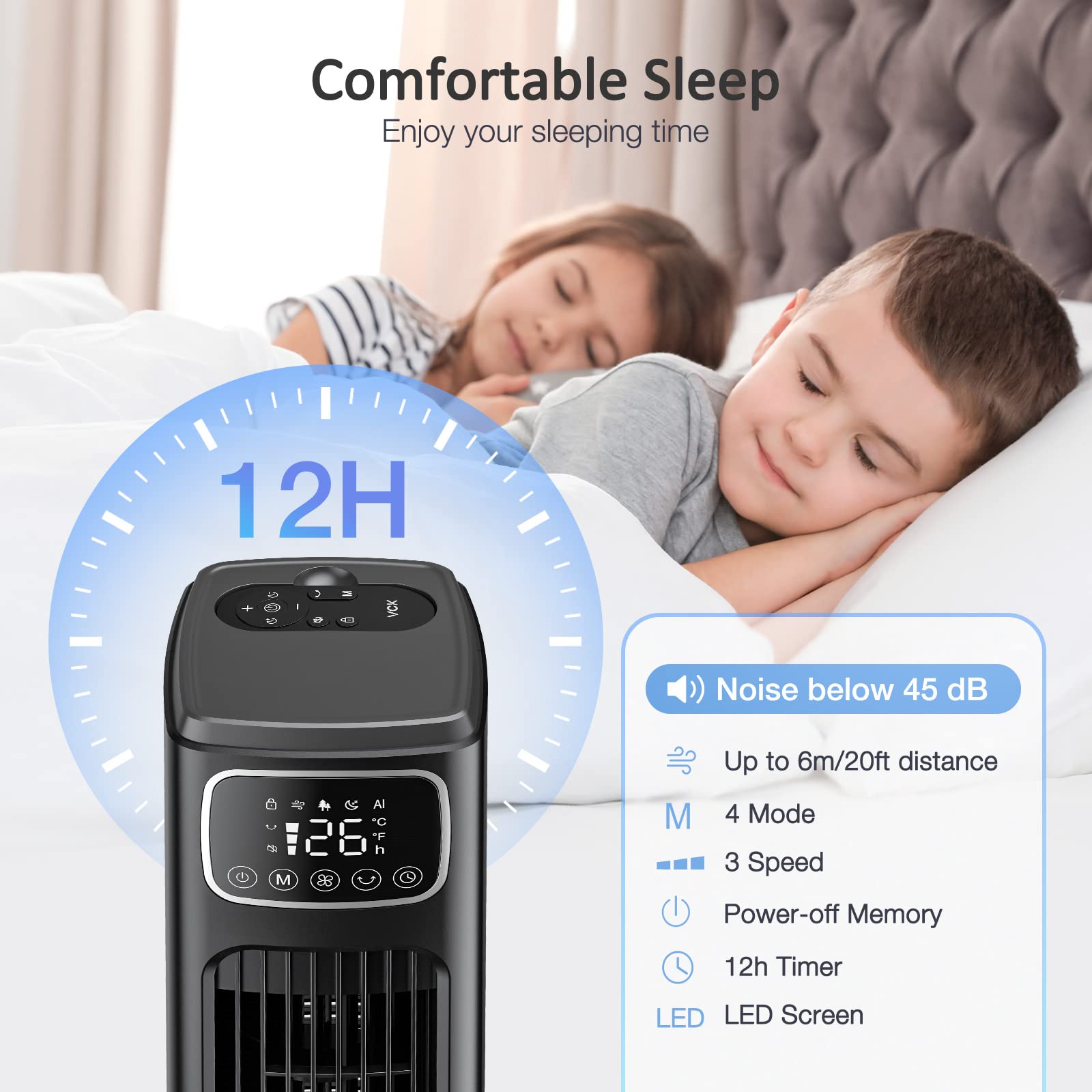 VCK 36-Inch Tower Fan, 80° Oscillating Fans with Remote | 3 Speeds, 4 Modes | Standing Bladeless Floor Fan LED Display with Auto-Off | 12H Timer | Quiet Cooling Fan for Bedroom Home Office