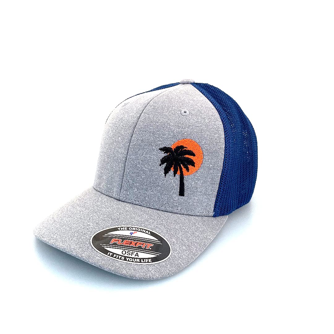 Palm Tree Sunset Fitted Trucker Hat Grey and Blue