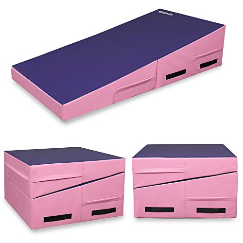 Matladin 55"x28"x14" Folding Gymnastics Cheese Wedge Incline Mat, Gym Fitness Tumbling Skill Shape Mat for Kids Girls Home Training Exercise (55"x28"x14", Purple+Pink)