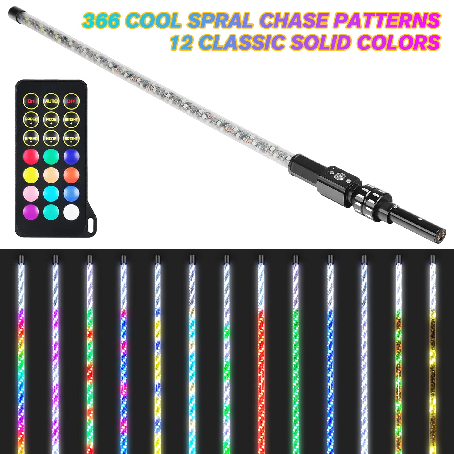 omotor 3ft Plug-in Base Boat Whip Navigation Anchor Boat Light Spiral RGB Chase Light 360° Spiraling Rising Dream Wrapped Dancing Boat Whip