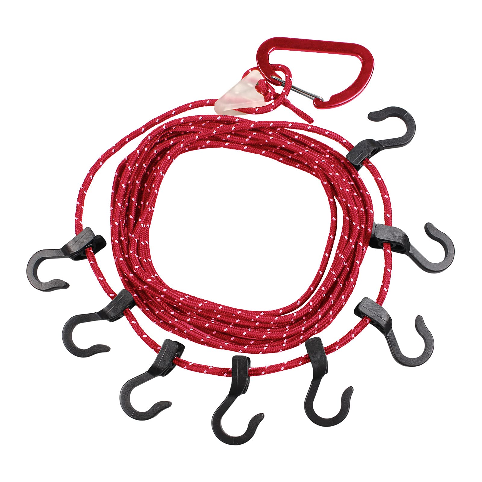 OMUKY Camping Lanyard Hanger Outdoor Tent Camping Clothesline with 8 Hooks Portable Adjustable Windproof Travel Hanging Rope (Red)