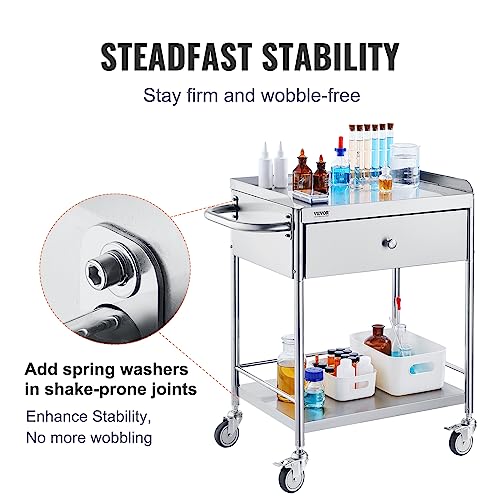 VEVOR Medical Trolley, Dual-Tier Stainless Steel Trolley with a 220 lbs Load Limit, Equipped with Quiet 360° Casters and a Drawer, Ideal for Laboratories, Clinics, Kitchens, and Salons