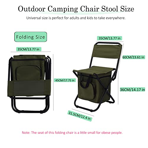 Sequpr Portable Foldable Camping Chair with Cooler Bag, Lightweight Backrest Stool Compact Folding Chair Seat, Outdoor Backrest Stool with Folding Backpack for Camping Hunting Fishing Hiking Green