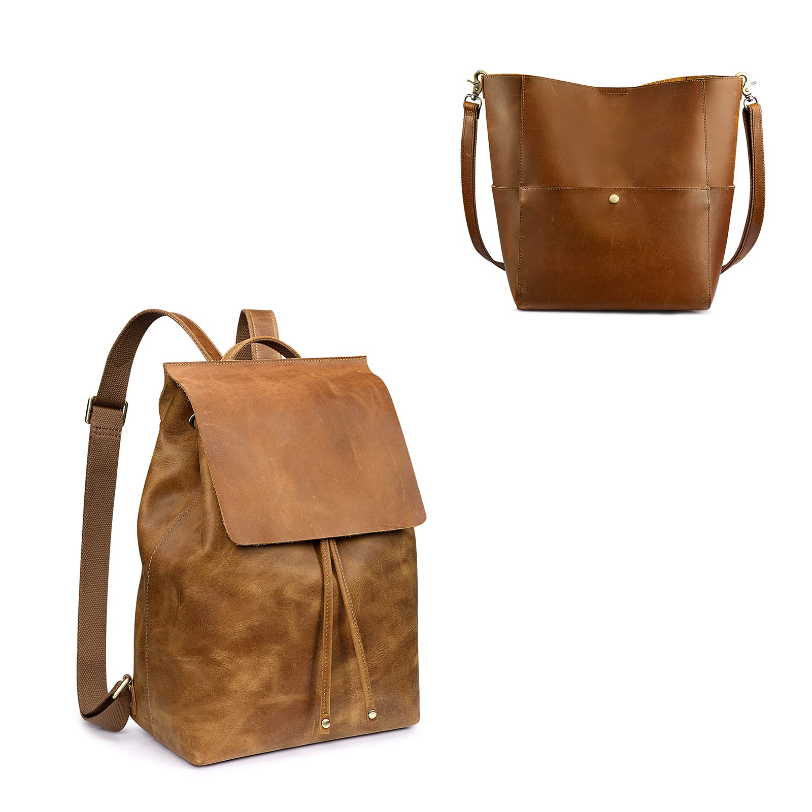 S-ZONE Women Leather Backpack Purse Bundle with Retro Bucket Tote Handbag Distressed Shoulder Bag