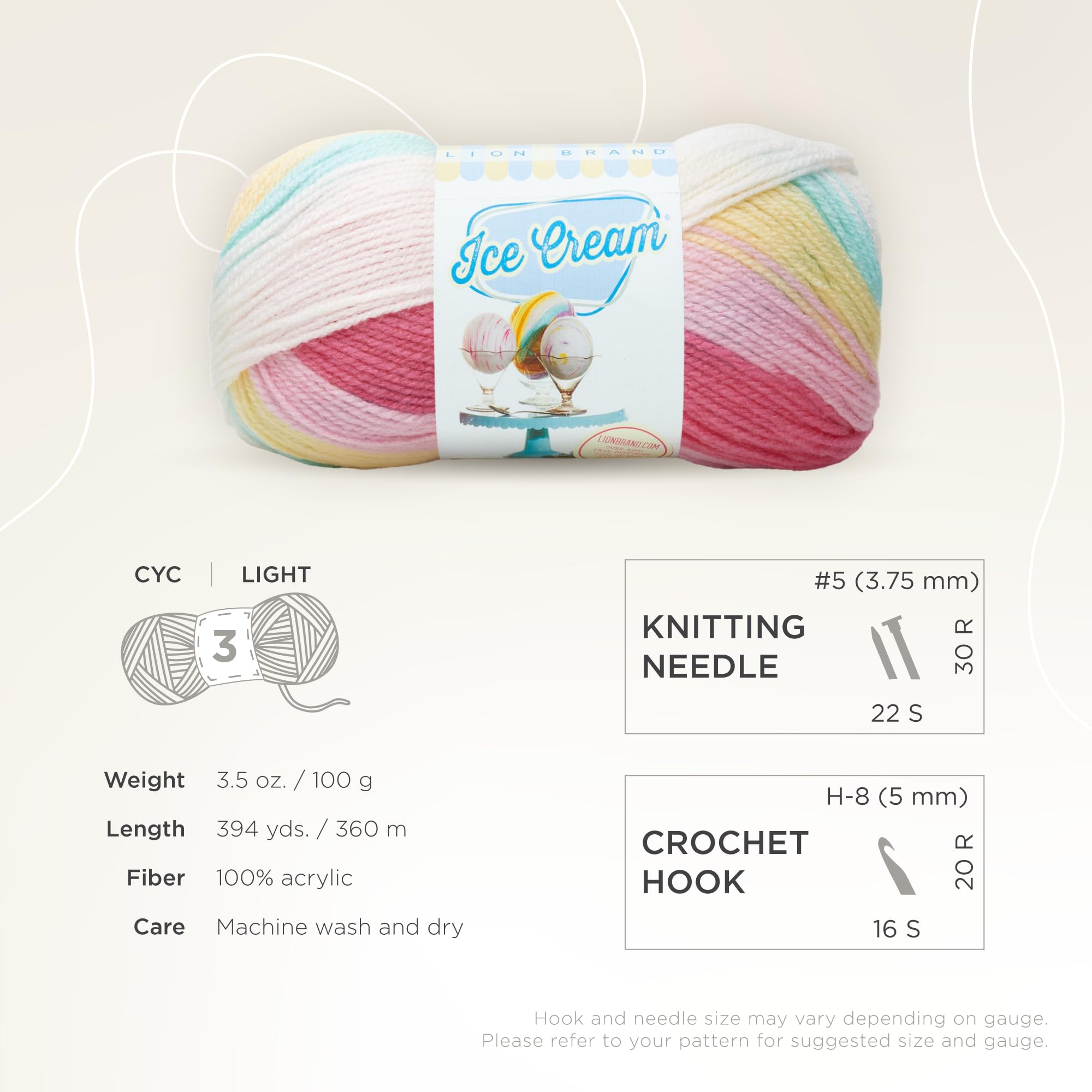 Lion Brand Yarn (1 Skein) Ice Cream Baby Yarn, Tutti Frutti, 1182 Foot (Pack of 1)