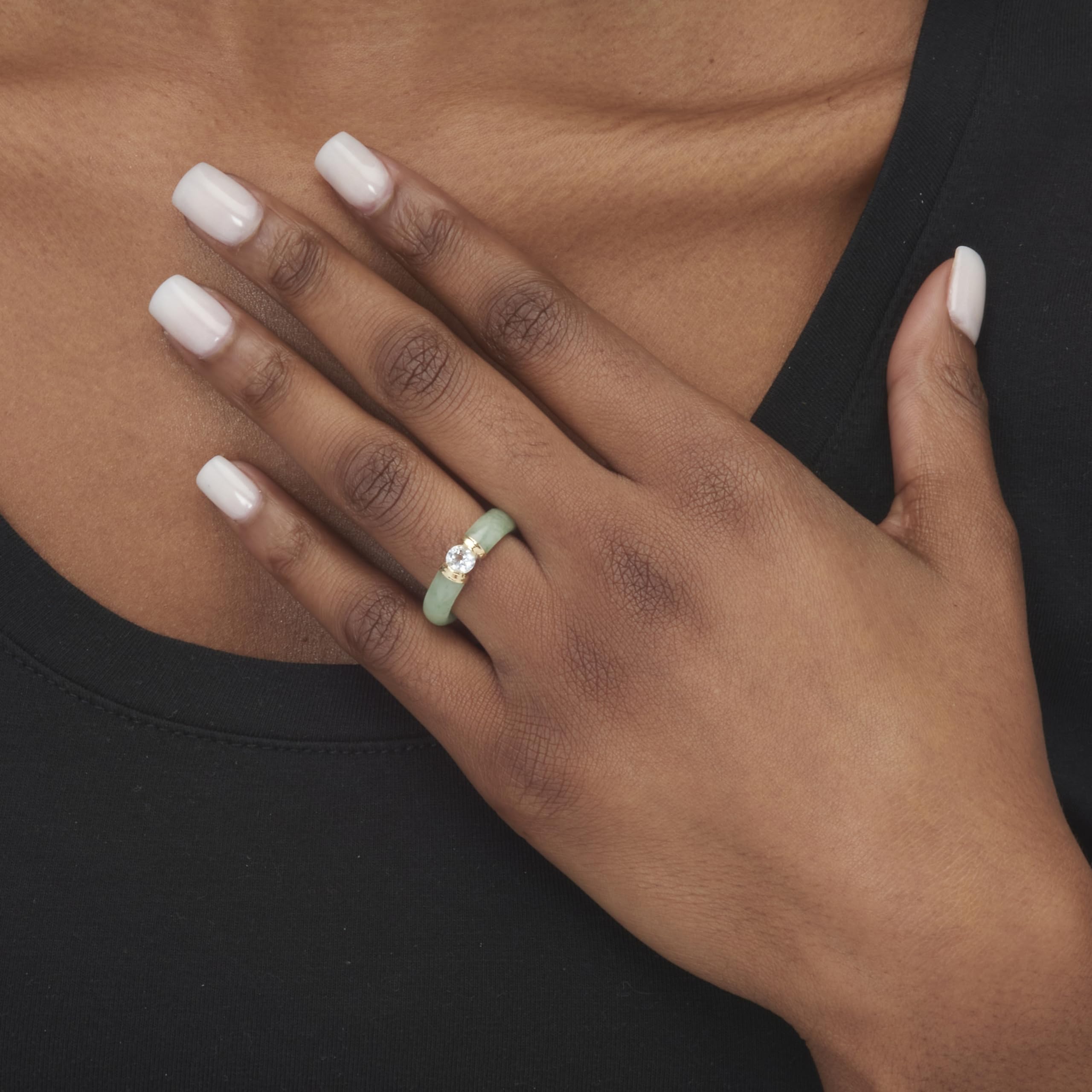 PalmBeach 10K Yellow Gold Genuine Green Red or Black Jade With Genuine White Topaz or Garnet Ring Size 7