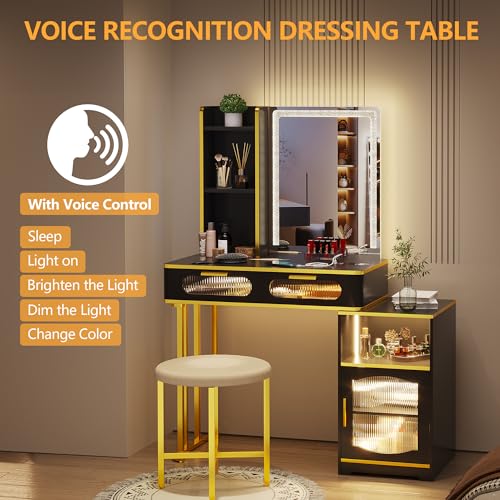 LVSOMT Vanity Desk with Mirror and Lights for Girls Gift, Small Makeup Vanity with Voice Activation & Wireless Charging, Dressing Table with Lighting Mirror for Bedroom, Children's Room(Matt Black)