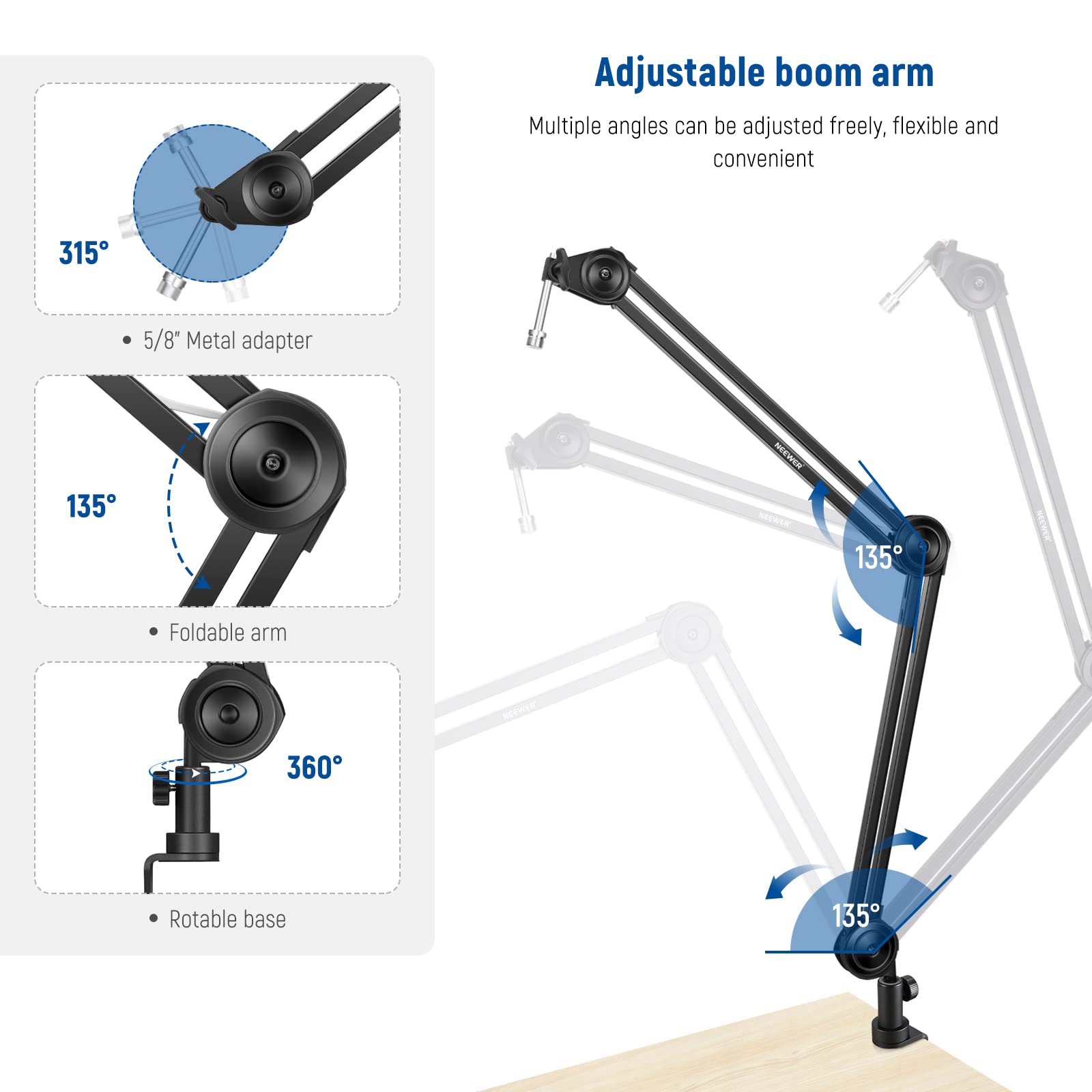 Neewer Microphone Arm Stand, Heavy-Duty Mic Arm Microphone Stand Suspension Scissor Boom Stand with 5/8” to 3/8” & 5/8” to 1/4” Screw and Cable Tie Compatible with Blue Yeti/Snowball/QuadCast (Medium)