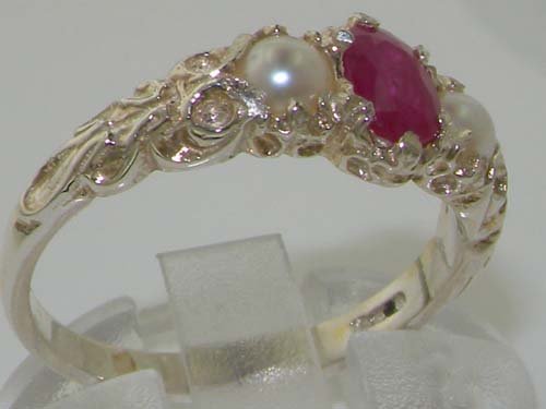 LetsBuyGold 925 Sterling Silver Real Genuine Ruby and Cultured Pearl Womens Promise Ring - Size 9
