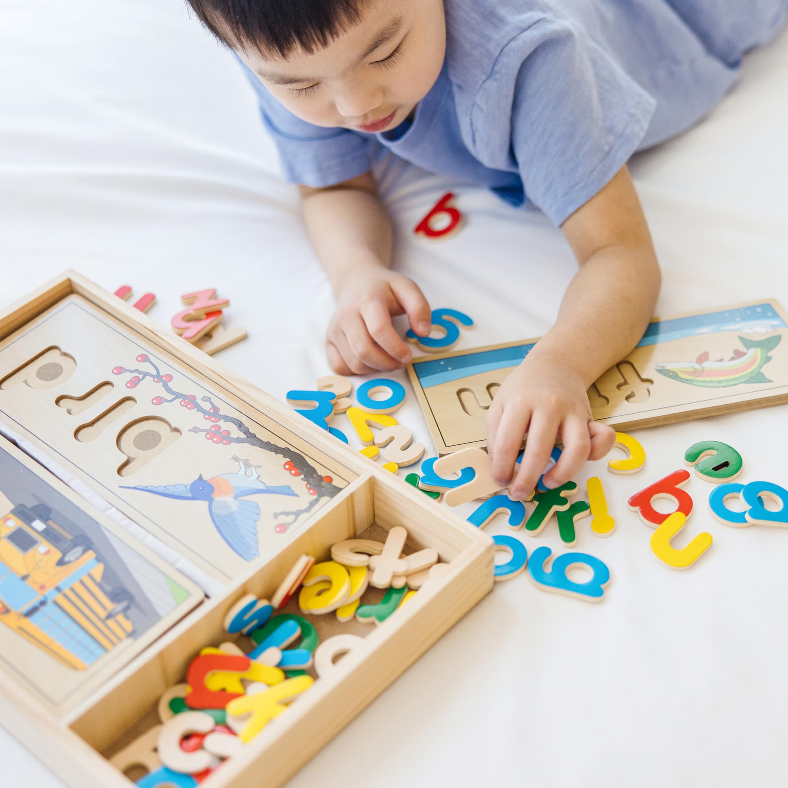 Melissa & Doug See & Spell Wooden Educational Toy With 8 Double-Sided Spelling Boards and 64 Letters Preschool Learning Activities, See & Spell Learning Toys For Kids Ages 4+