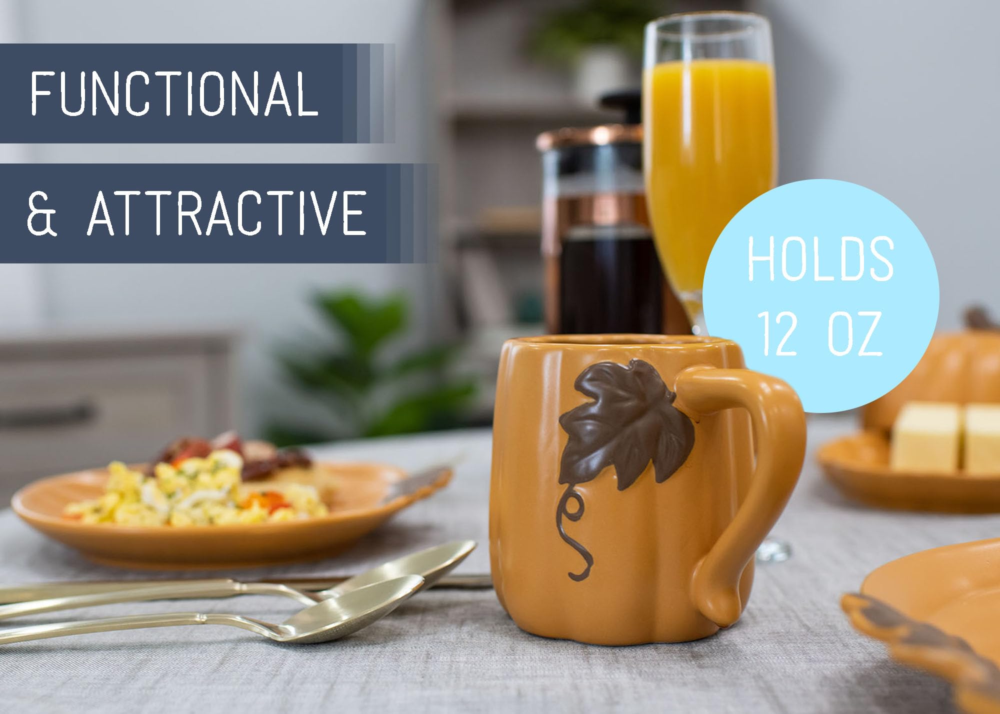 Nat & Jules Pumpkin Shaped 12 ounce Ceramic Coffee Mugs: Perfect for Halloween, Thanksgiving and Fall Kitchen & Home Collections - Set of 2, Orange