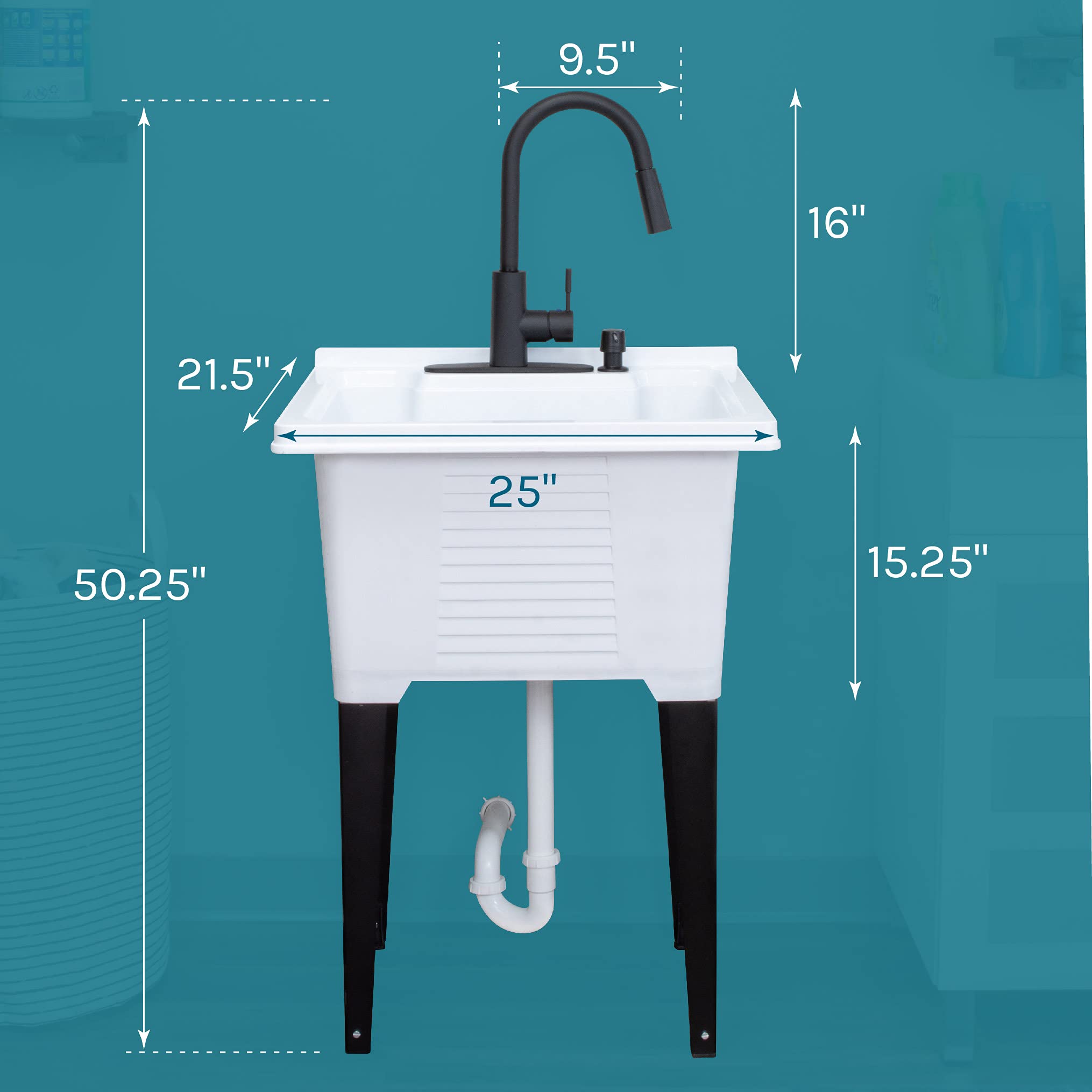 White Utility Sink by JS Jackson Supplies, Tehila Luxe Laundry Tub, Matte Black Hi-Arc Pull-Down Faucet, Soap Dispenser