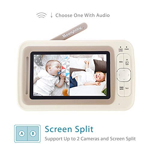 Moonybaby Split Screen Baby Monitor with 2 Cameras and Audio, Model: Split 30, No WiFi, Extended 12hrs Battery Life, Wide View, Long Range, Auto Night Vision, 4.3" Large Screen, Lullaby, 2-Way Audio
