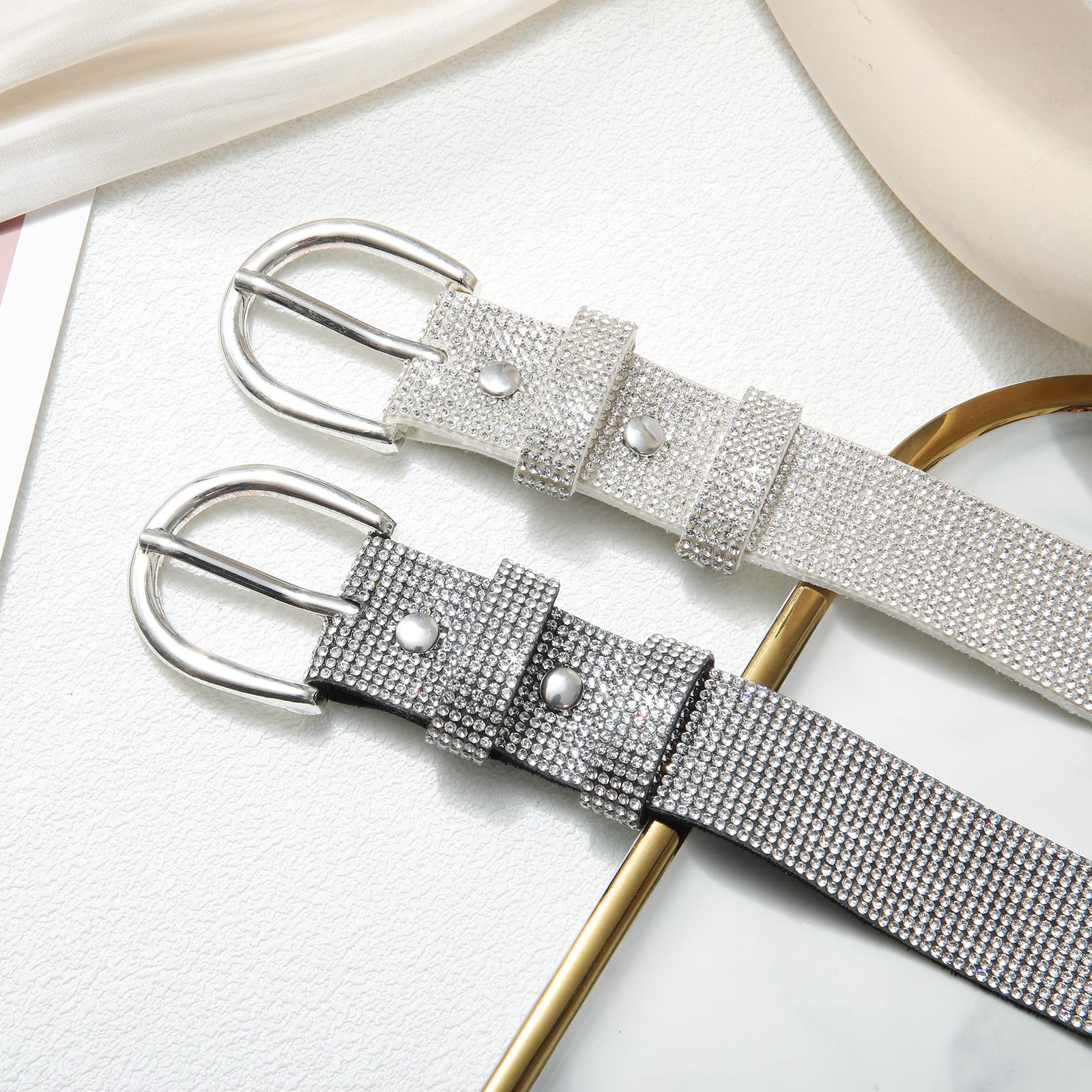 WELROG Rhinestone Belt for Women,Bling Crystal Vintage Belts Shiny Soft for Party Jeans Dresses(white-115)