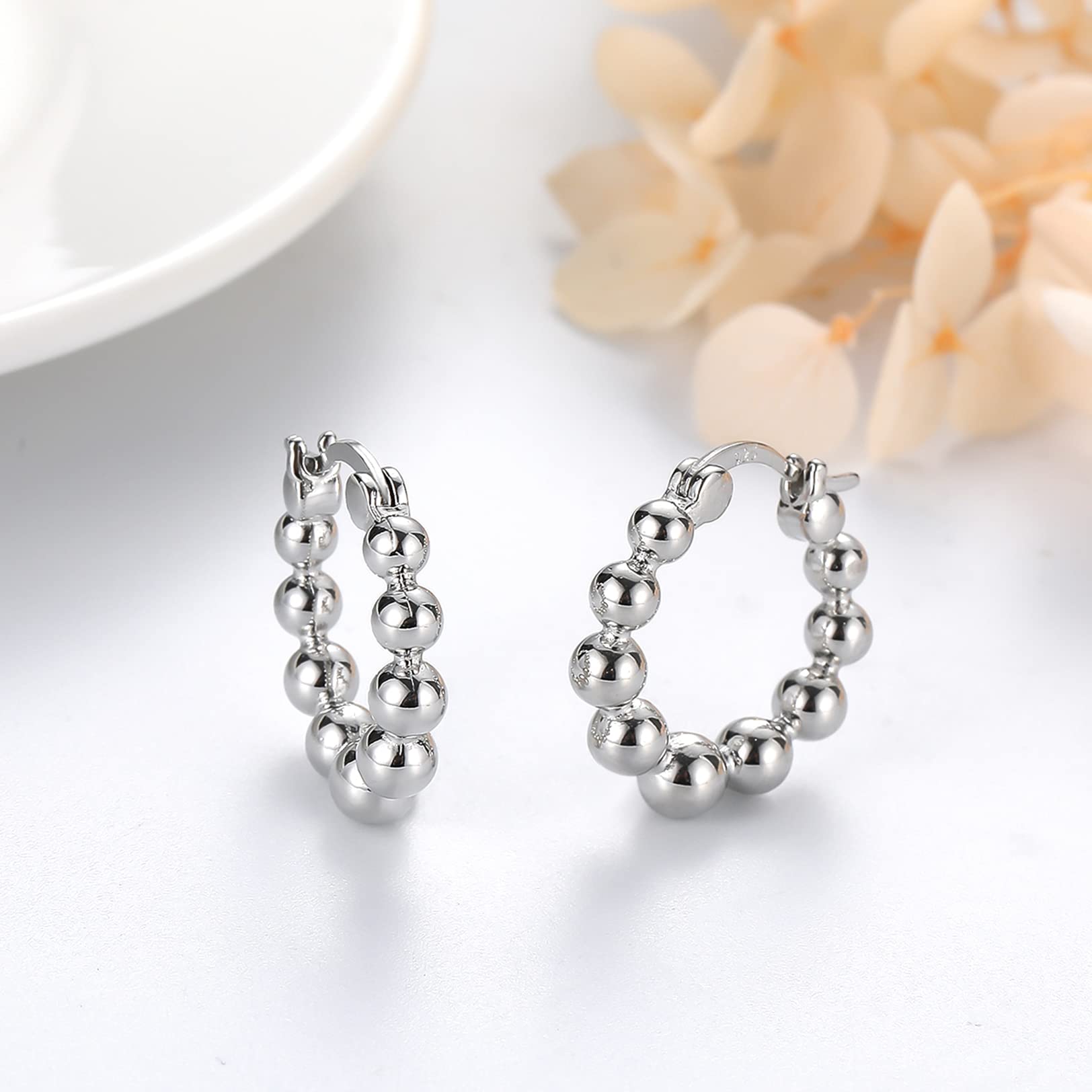 Nupdot Chunky Silver Hoop Earrings for Women | Thick 925 Sterling Silver Post Beaded Ball Huggies Earrings Lightweight Hypoallergenic Hoops Jewelry Gifts. 15mm