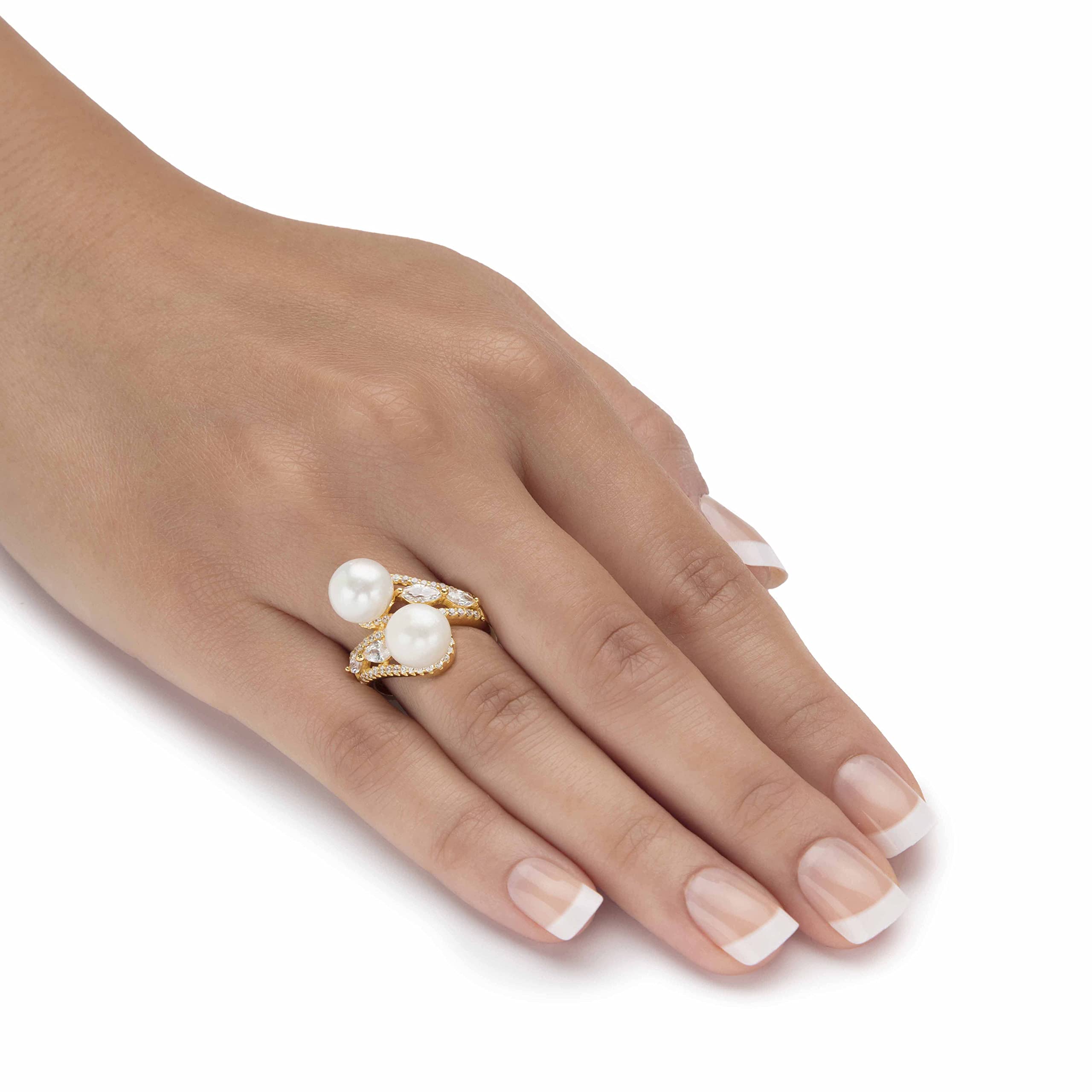 PalmBeach Jewelry Gold-Plated or Sterling Silver Round Genuine Cultured Freshwater Pearl with Marquise Cubic Zirconia Bypass Ring Size 7