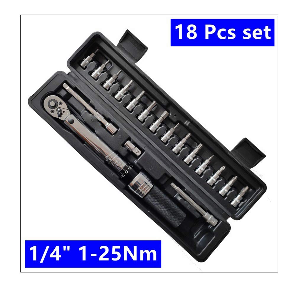 MXITA 1/4 Inch Drive Click Bike Torque Wrench Set (1-25 Nm/ 9-221 in.-lb.) with 3/8 Adapter 18 Pcs,Small Adjustable Allen Key Tool Socket Kit for Road & Mountain Bikes
