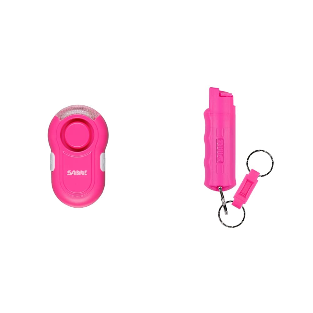 SABRE Clip-On Personal Alarm with LED Safety Light & Pepper Spray Keychain, 25 Bursts of Maximum Police Strength OC Spray, Quick Release Key Ring for Easy Access