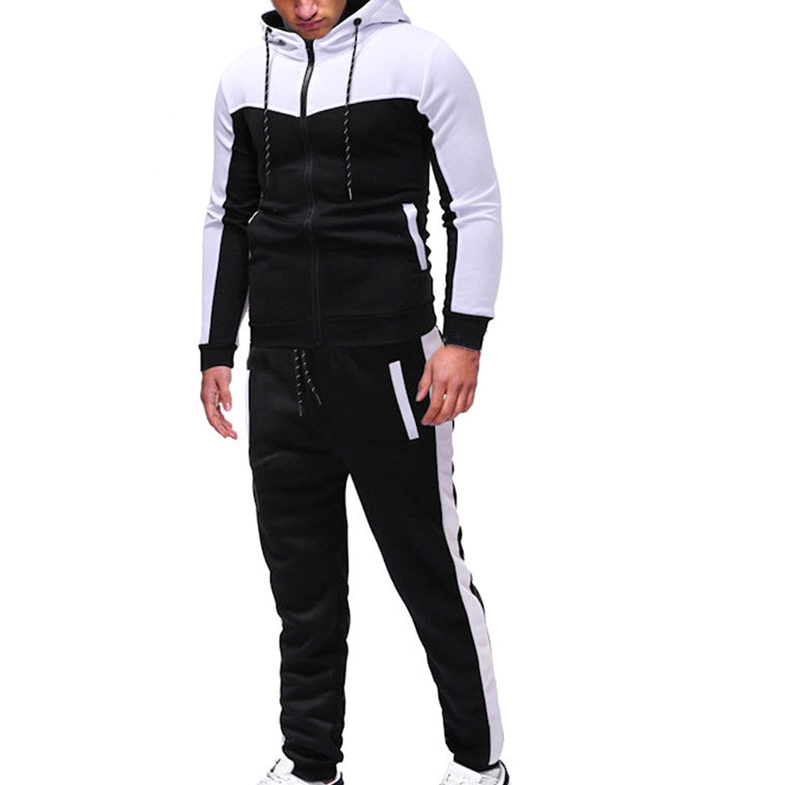 Mens Sweatsuits 2 Piece Hoodie Tracksuit Sets CasualColor Block Jogging Suits for Men (2-White Black, L)