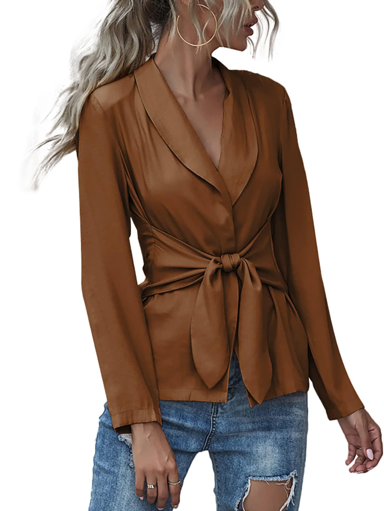 LYANER Women's V Neck Blazer Jacket Self Tie Knot Long Sleeve Elegant Workwear Blouse Brown Medium