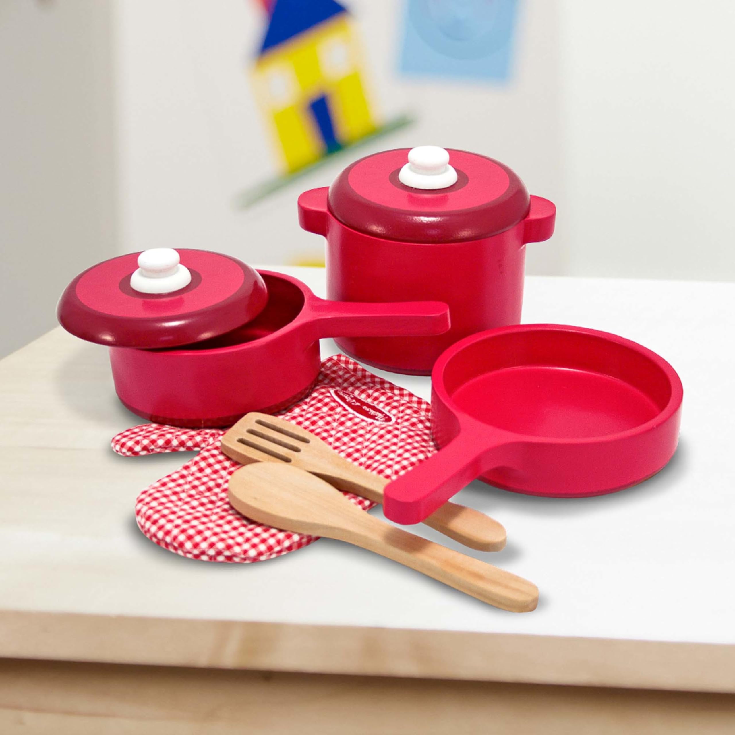 Melissa & Doug Deluxe Wooden Kitchen Accessory Set - Pots & Pans (8 pcs) , Green , H: 12 x W: 12 x D: 5