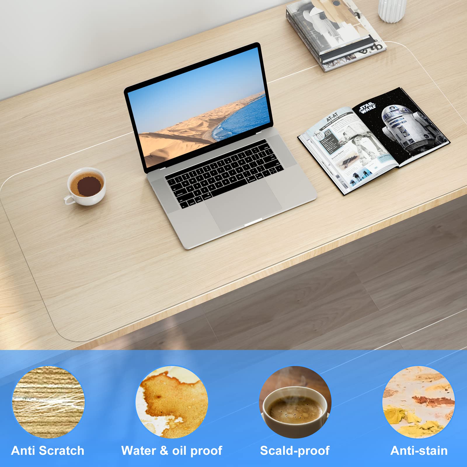 NATRKE Clear Desk Mat Pad, 32"x16" Large Transparent Desk Protector Mat Plastic Desk Mat, 1.5mm PVC Waterproof Non-Slip Clear for Desktop Home Office