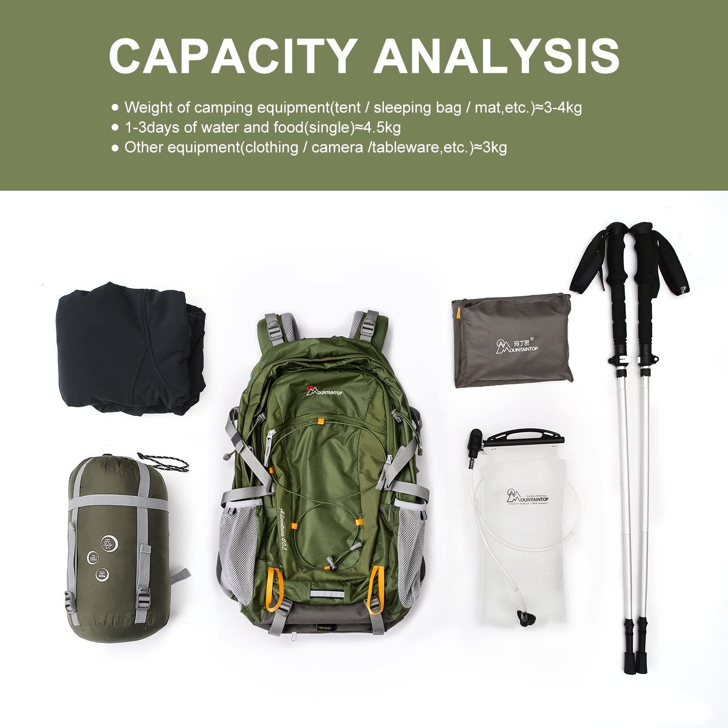 MOUNTAINTOP 40L Hiking Backpack Travel Daypack with Rain Cover for Outdoor Backpacking, Camping
