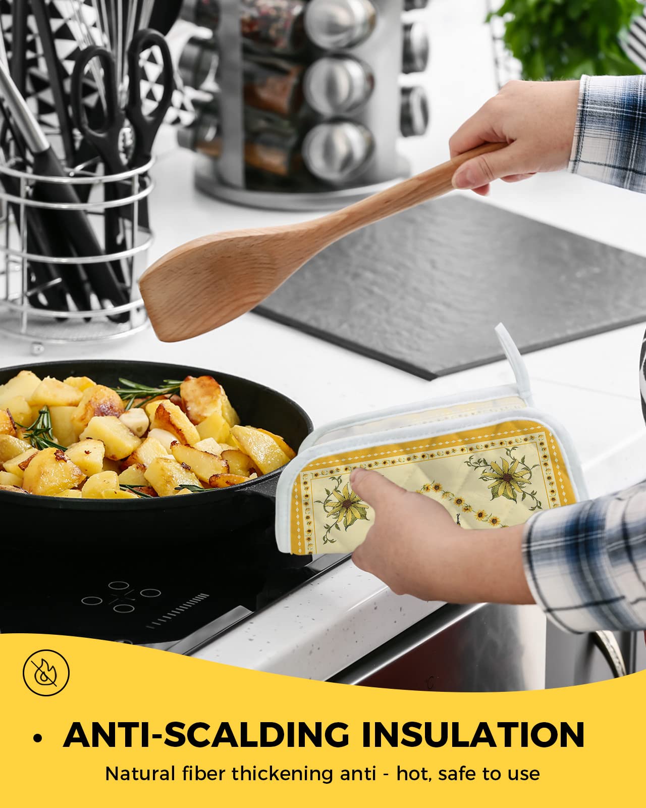 Retro Farm Honeybee Sunflower Potholders for Kitchen Set of 4, Heat Proof Pot Holder Vintage Yellow Washable Oven Hot Pads Potholder for Cooking Baking