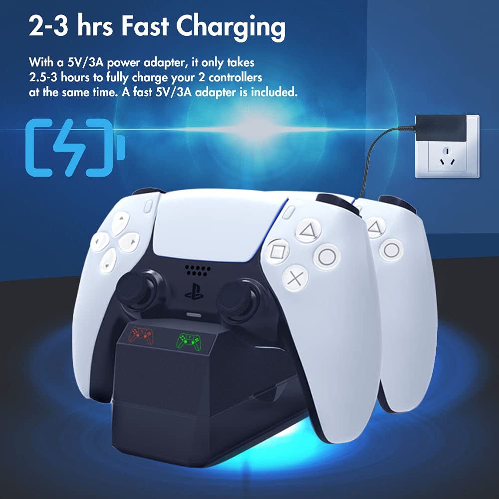 PS5 Controller Charger Station for Sony PS5 Charging Station, Dual Ps5 Charging Dock for Ps5 Charging Controller, Fast Dual Charger with USB C Cable, LED Strap and Indicators - PS5 Charger