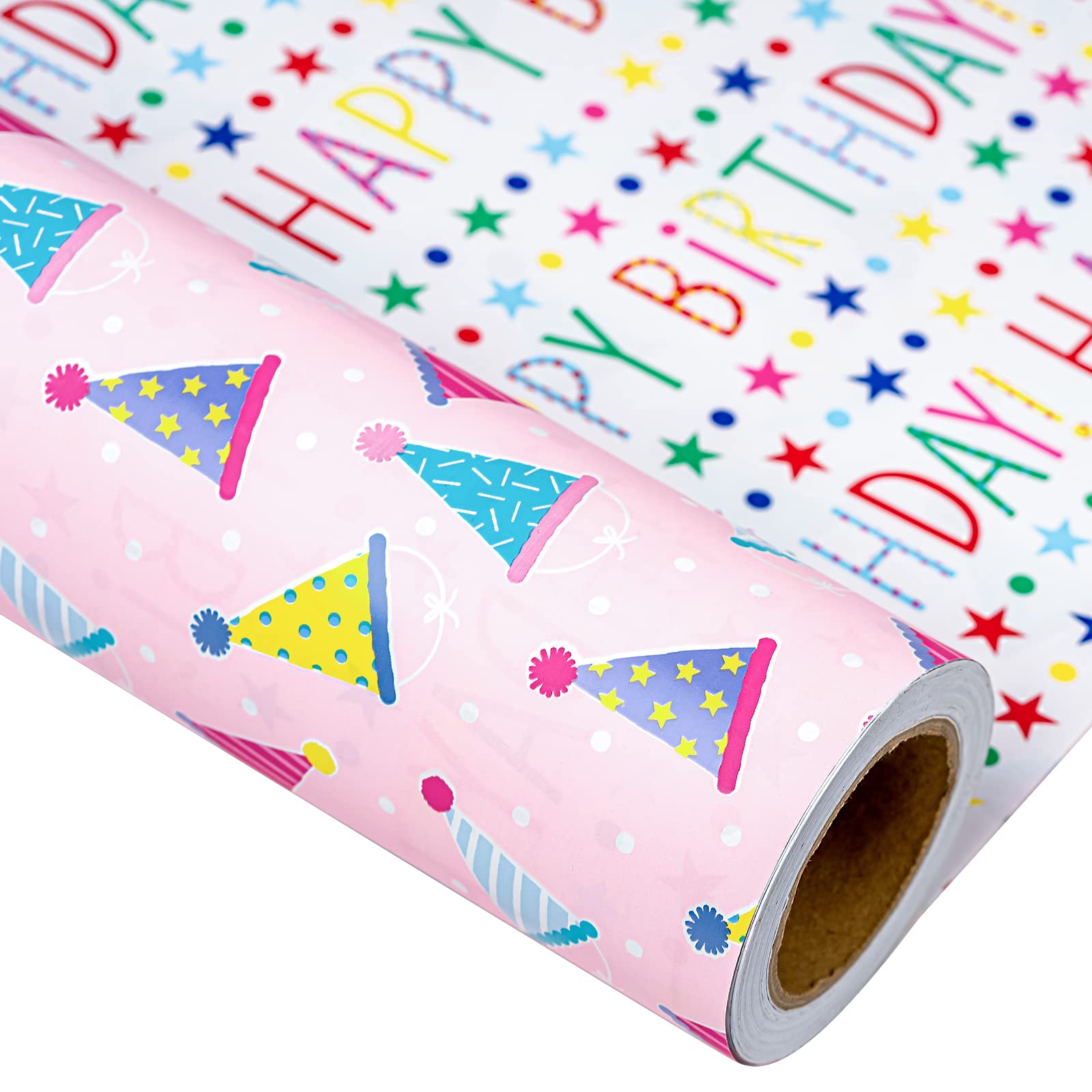 MAYPLUSS Christmas Reversible Wrapping Paper Jumbo Roll - 30 Inches x 100 Feet - Pink Ornaments and Stripe Design