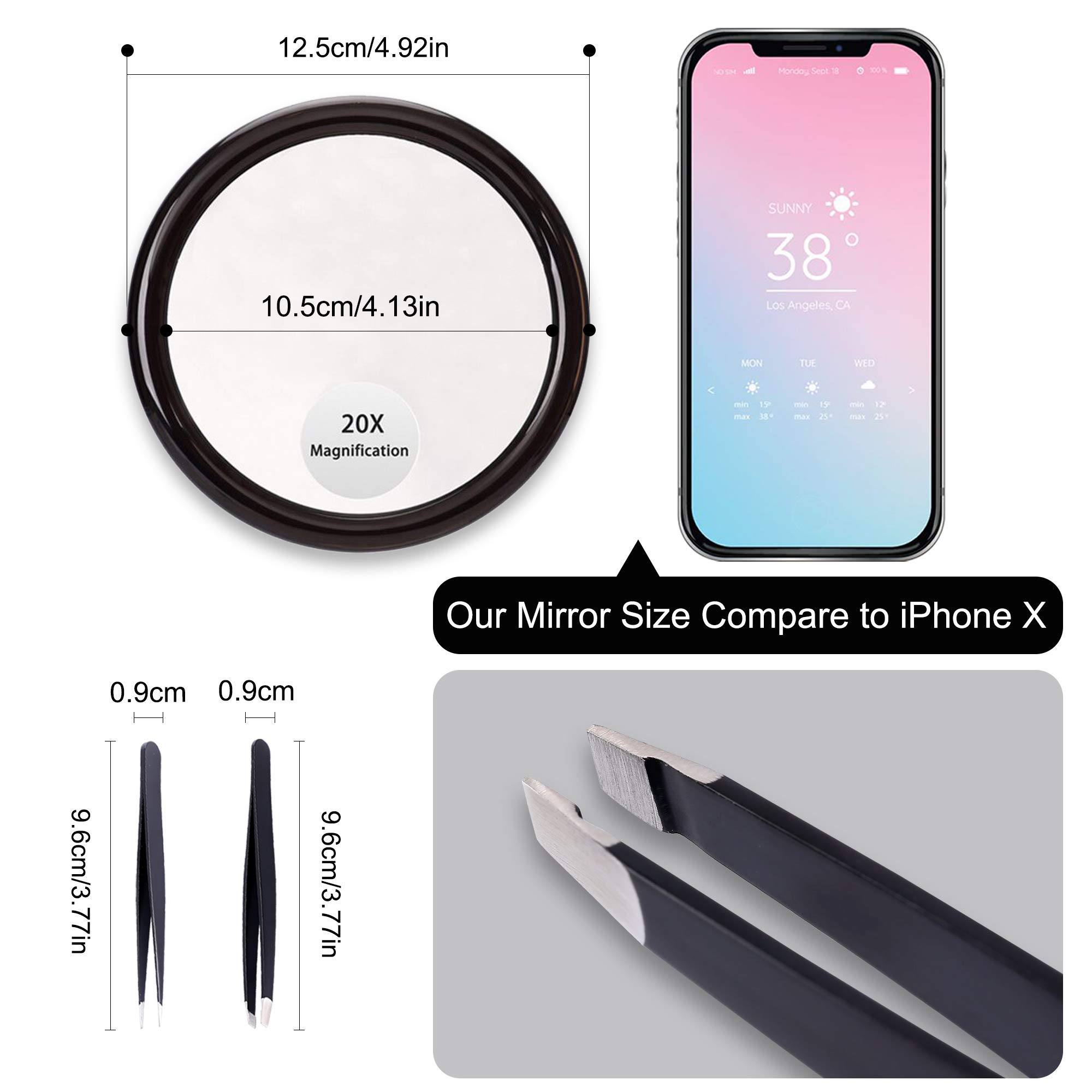 MIYADIVA Suction Cup Magnifying Mirror 20x Magnification with 2 Eyebrow Tweezers, Small Close Up Mirror for Precision Makeup & Hair Removal, 5", Black