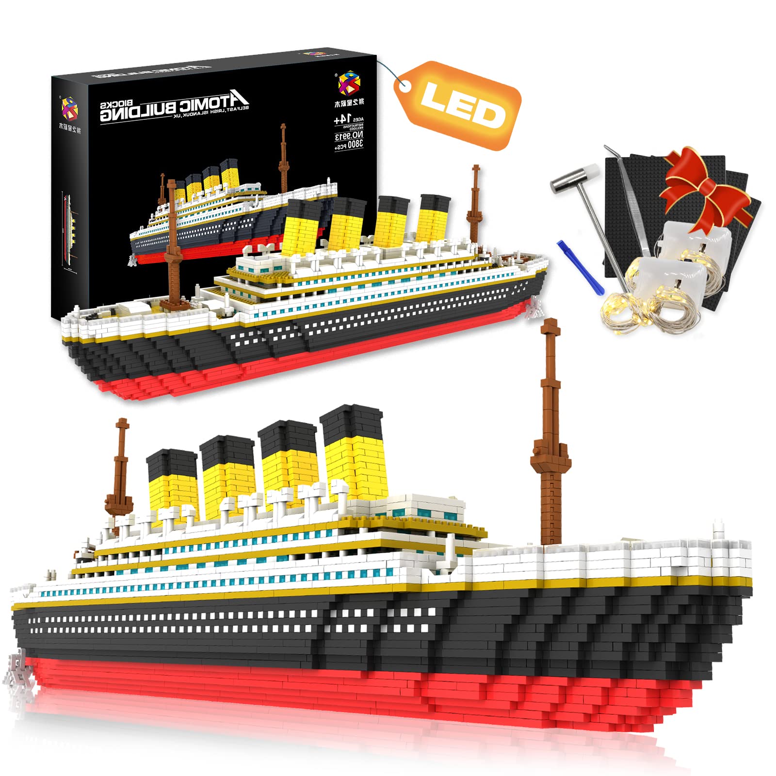 Titanic Building Blocks Set with LED, 3800pcs Titanic Toy Micro Building Kit, Titanic Gift Ship Model Building Bricks, DIY Educational Christmas Toys Gift