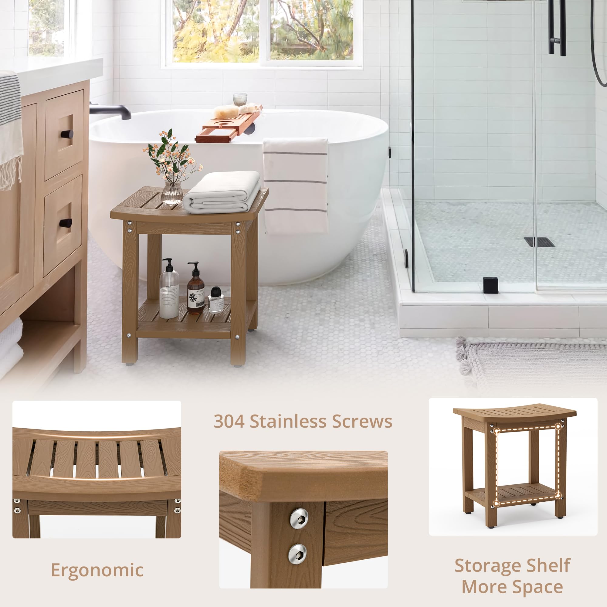 LUE BONA HDPS Shower Bench Seat, Shower Stool for Inside Shower Waterproof, Bath Spa Shower Foot Stool for Shaving Legs with Storage Shelf, Weather Resistant/Non-Slip/Indoor or Outdoor Use, Brown
