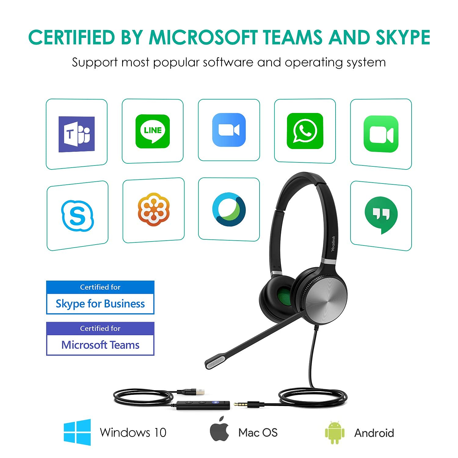 Yealink UH36 Professional Wired Headset - Telephone Headphones for Calls and Music, Noise Cancelling Headset with Mic for Computer PC Laptop(for Teams Optimized, Stereo,3.5mm Jack/USB Connection)