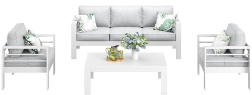 LayinSun Outdoor Aluminum Furniture Set, 4 Pieces Patio Sectional Conversation Chat Sofa Modern Seating Set with Coffee Table