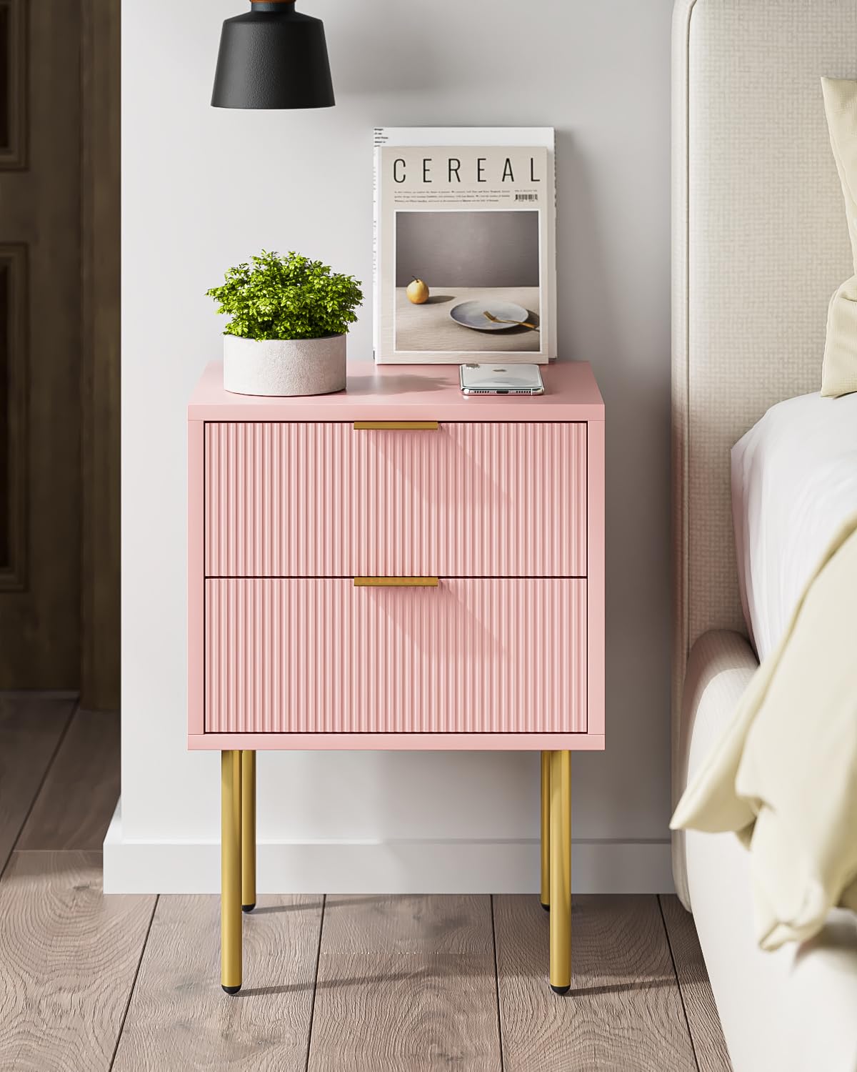 Masupu Night Stand,Mid-Century Modern Bedside Table with Storage Drawer and Open Wood Shelf,Small Gold Frame Side Table for Bedroom,Living Room, Pink